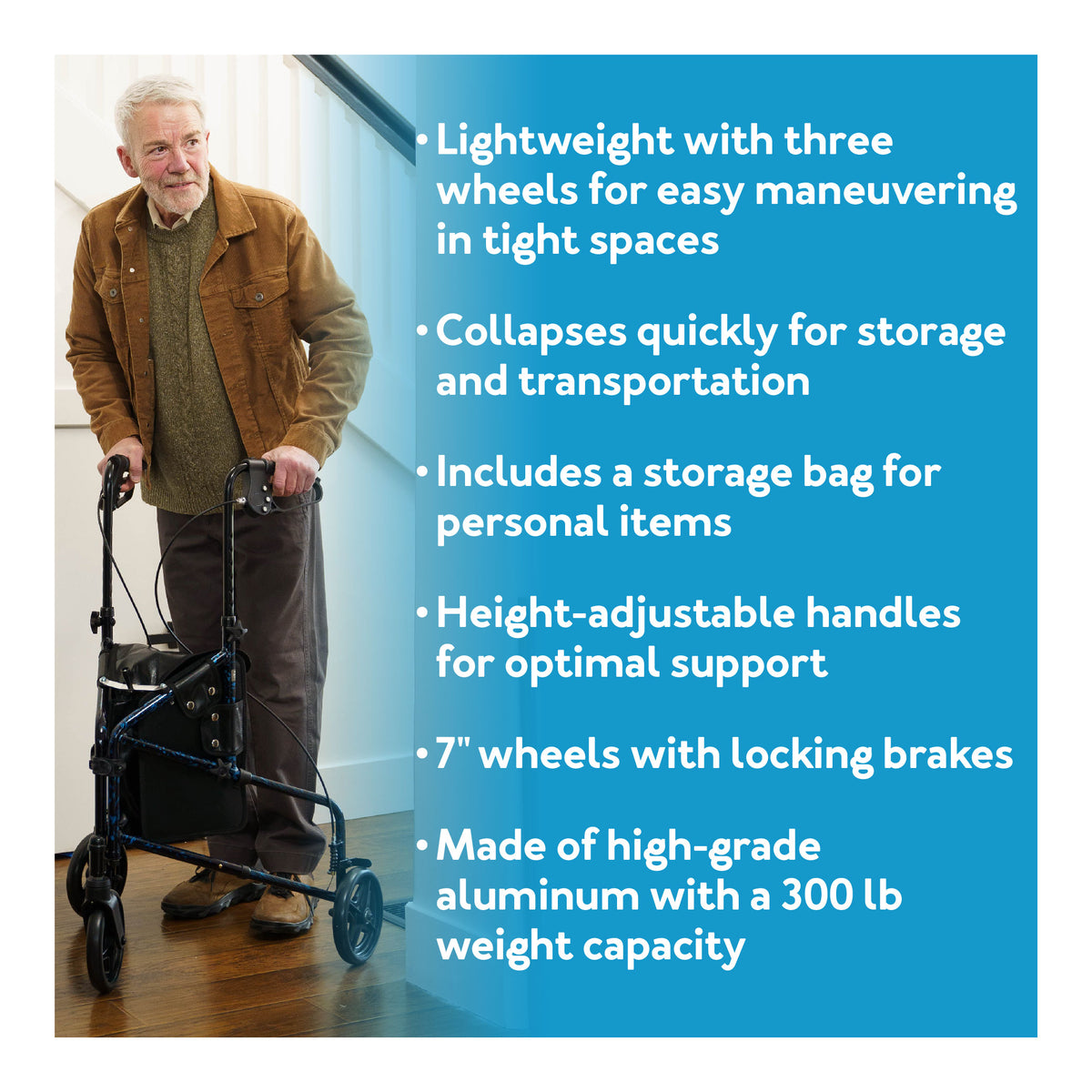 Carex Trio Rolling Walker - Three Wheel Walker with Storage Bag