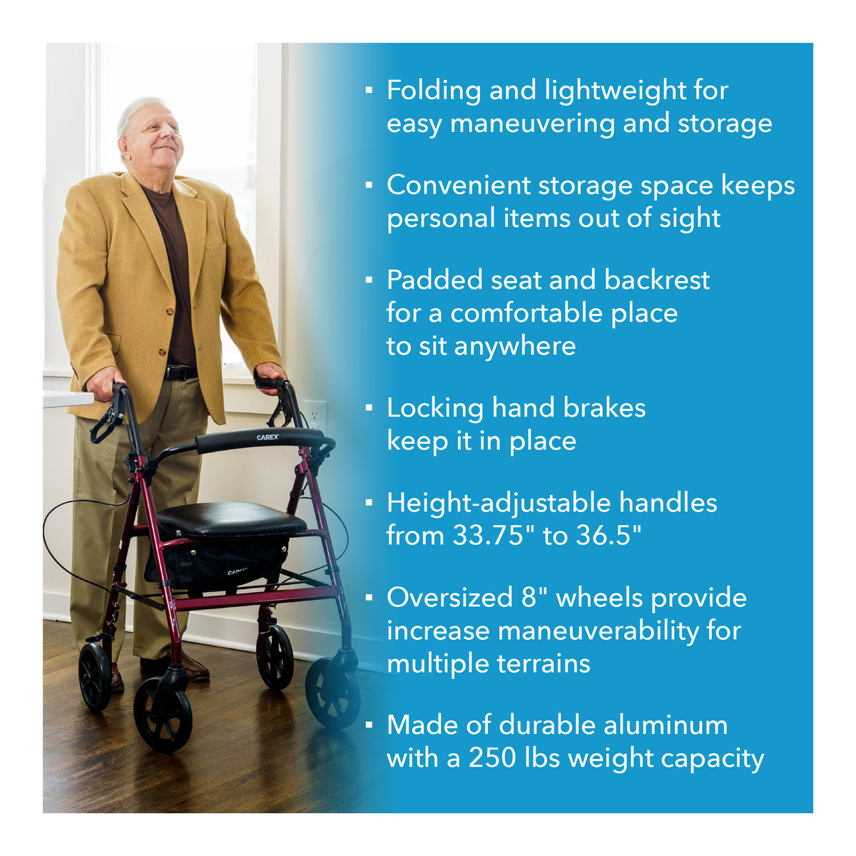 Carex Rolling Walker - Height Adjustable Sitting Walker w/ Padded Seat