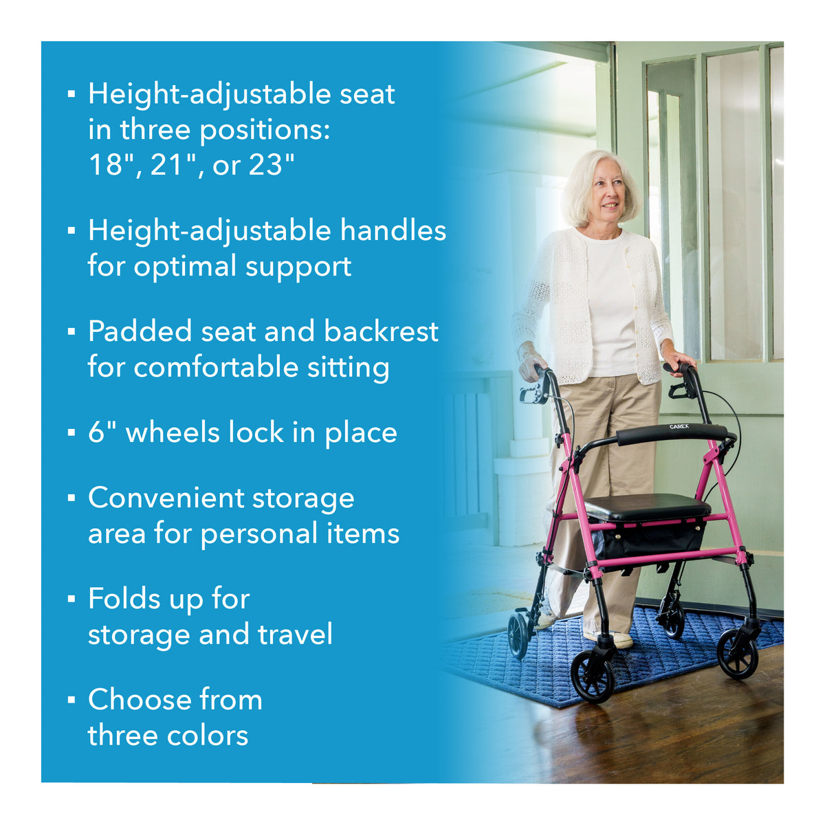 Carex Step 'N Rest® Rolling Walker - 6" Wheels - Height Adjustable