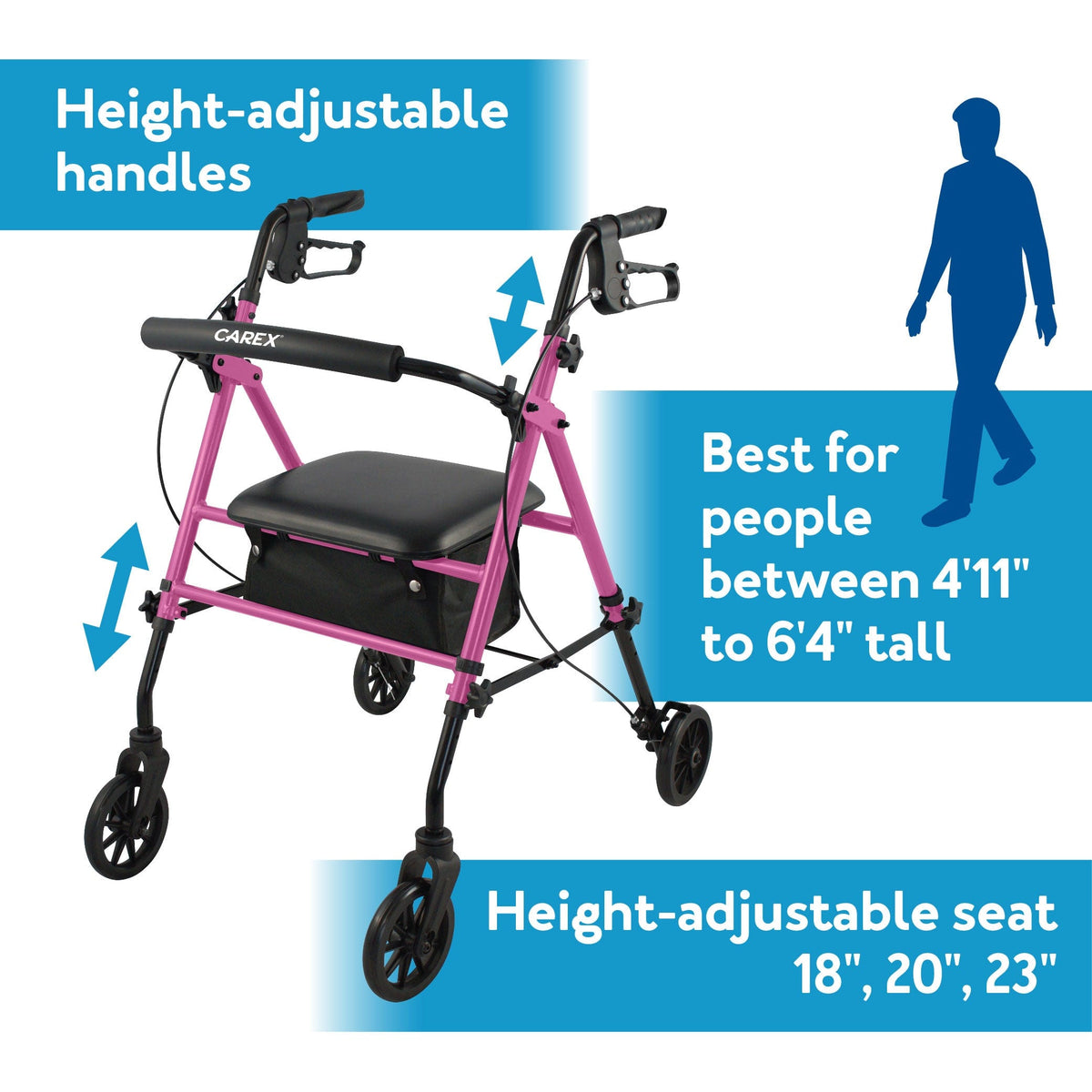 Carex Step 'N Rest® Rolling Walker - 6" Wheels - Height Adjustable